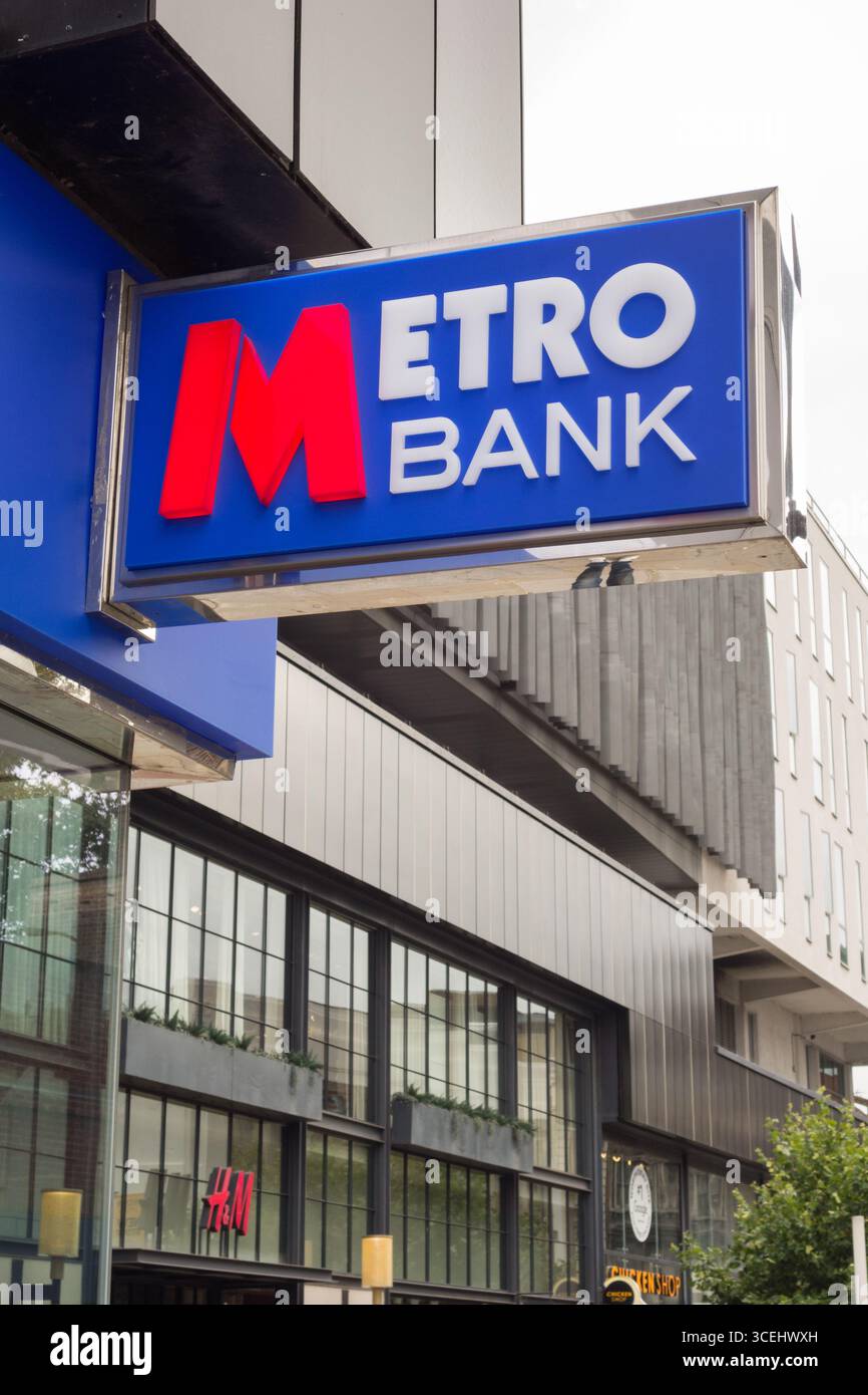 Closeup of Metro Bank signage on King Street, Hammersmith, London ...