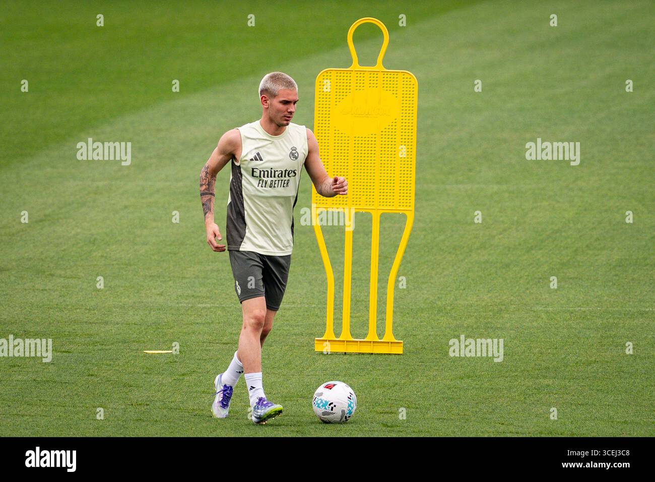 Franco Mastantuono of Real Madrid seen in action during the training session ahead of their ...