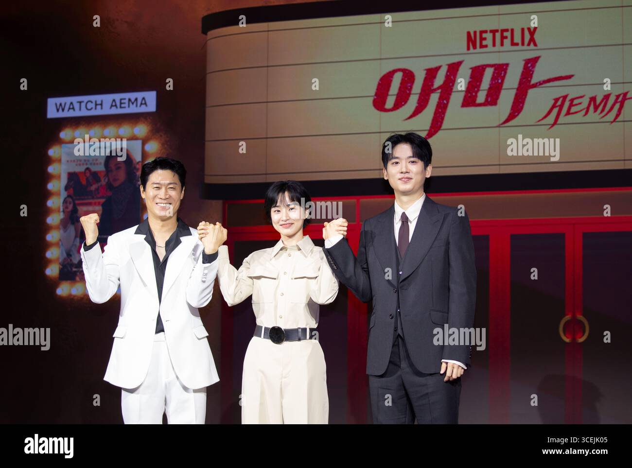 Jin Sun-Kyu, Bang Hyo-Rin and Cho Hyun-Chul, Aug 18, 2025 : (L-R) Cast ...