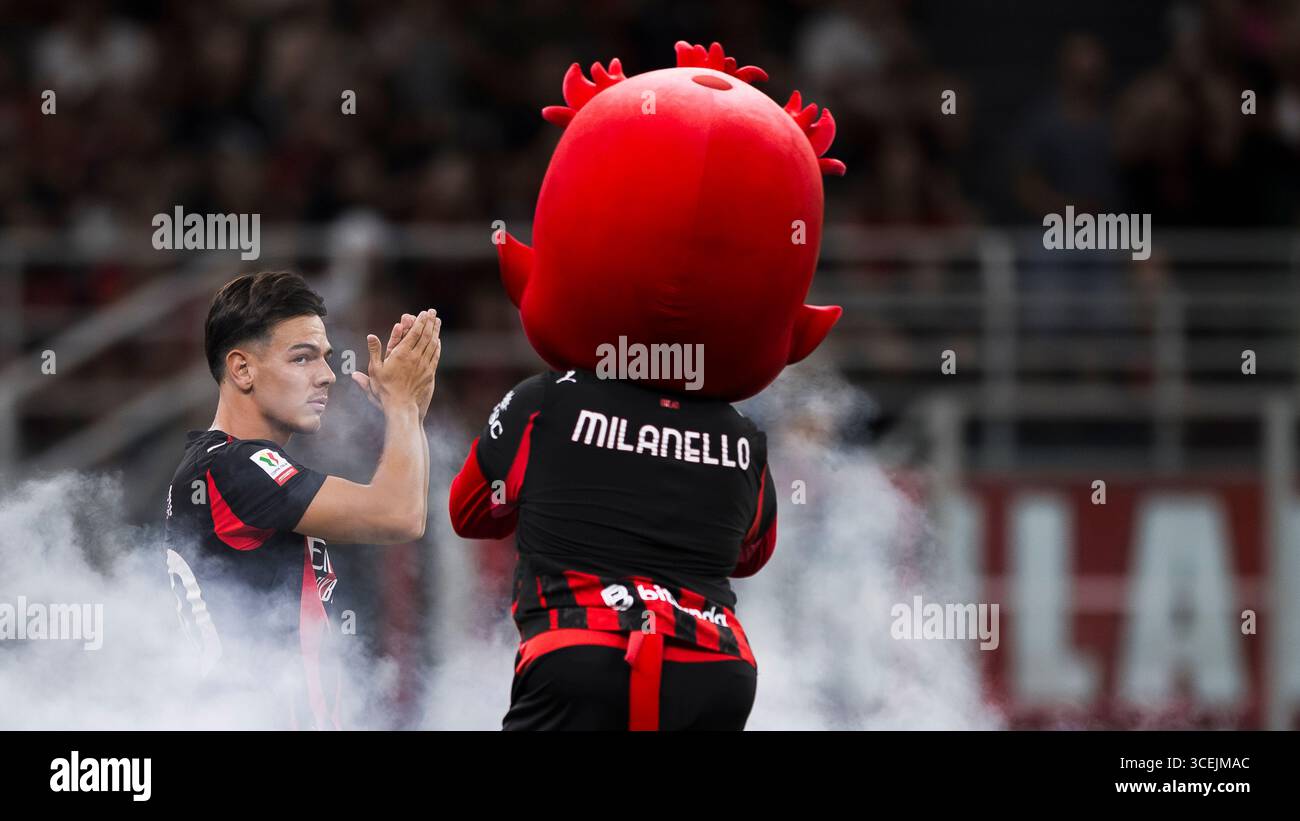 Ardon Jashari of AC Milan enters the pitch prior to the Coppa Italia ...