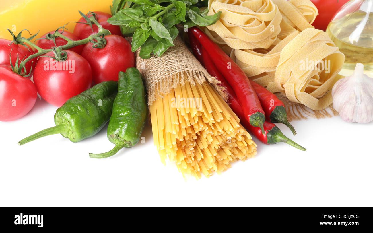 Different types of pasta and ingredients isolated on white Stock Photo ...