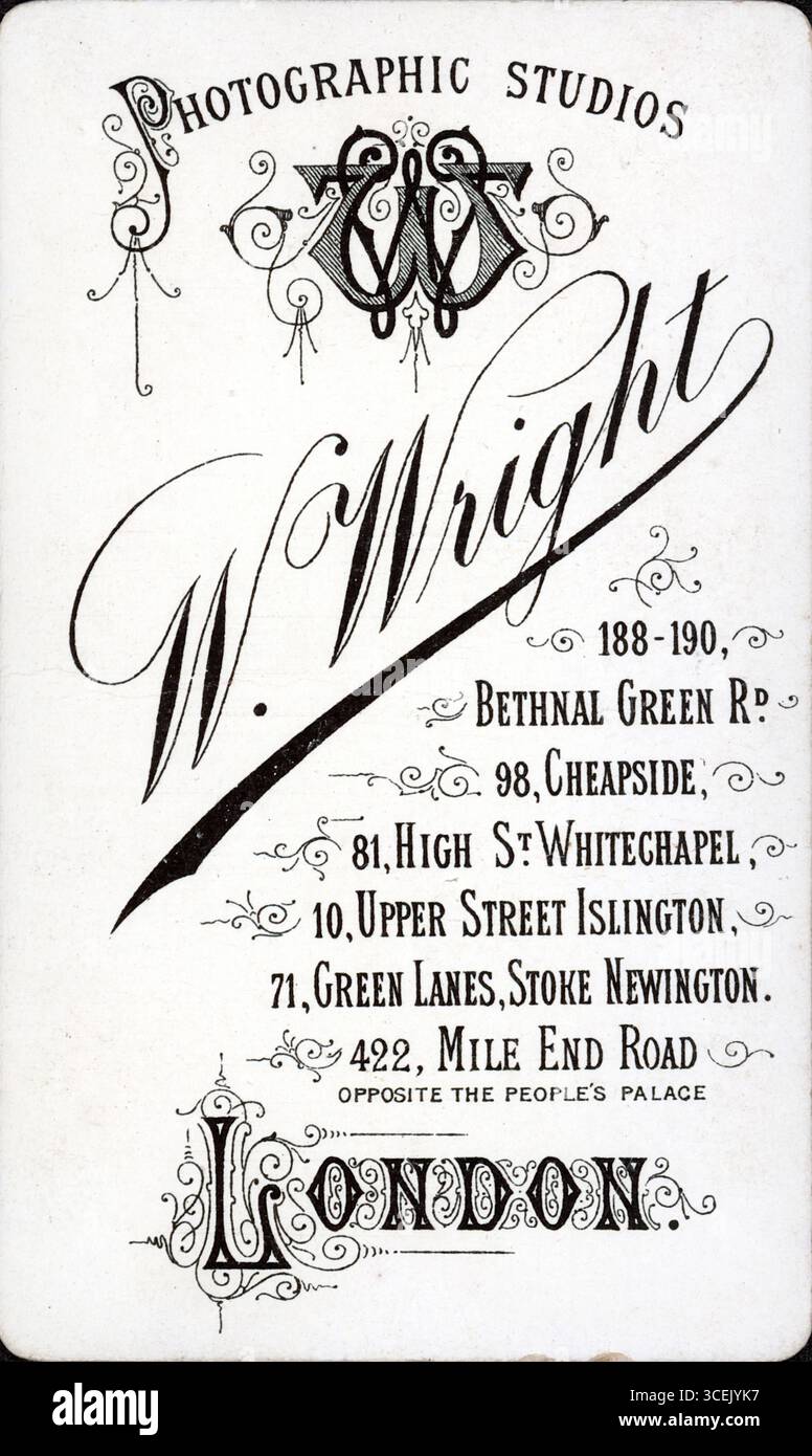 Stylized advertising back for W. Wright Photographic Studios, London ...