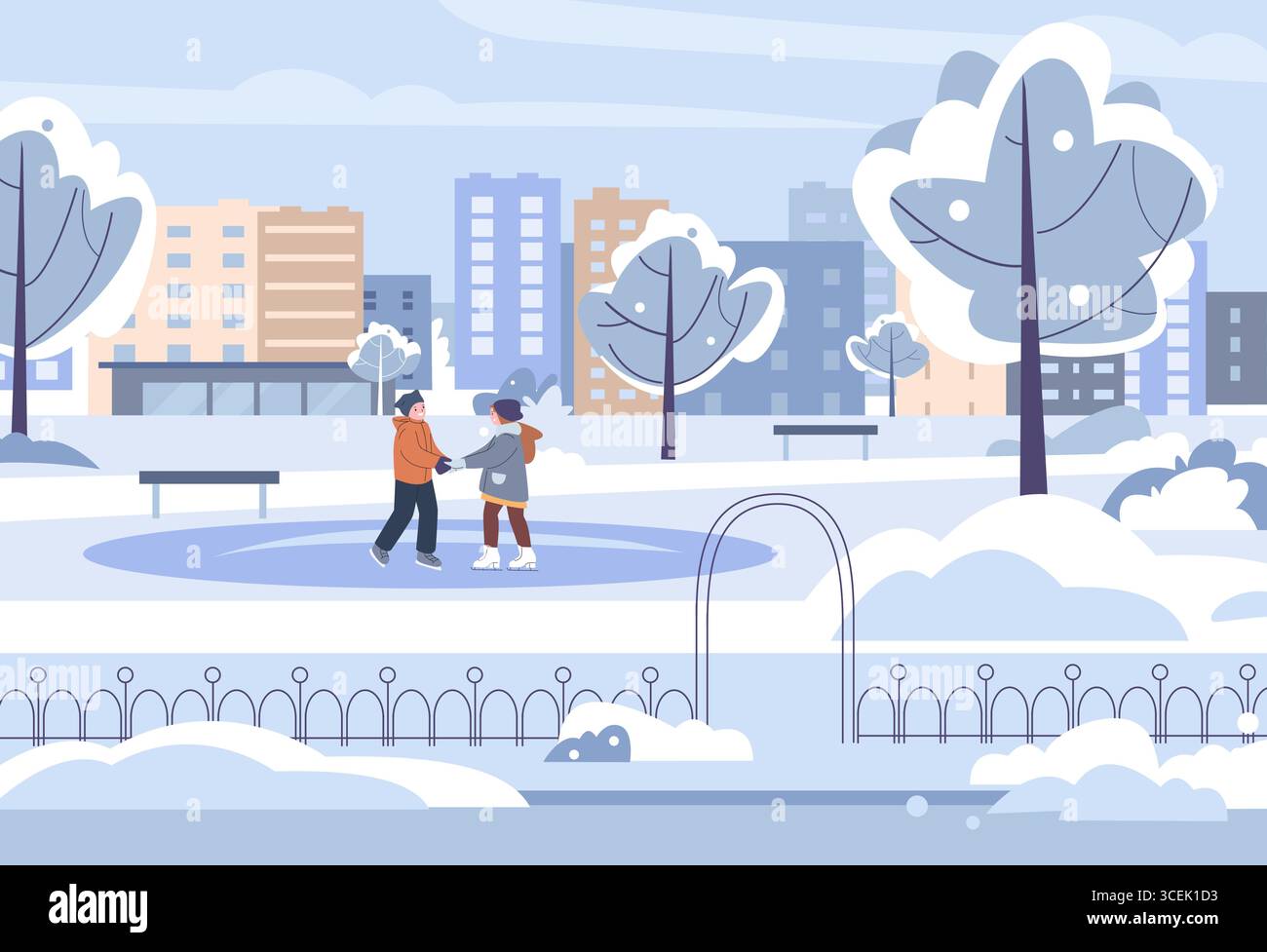 Boy and girl skating in city park. Children on skating rink, toddlers ...