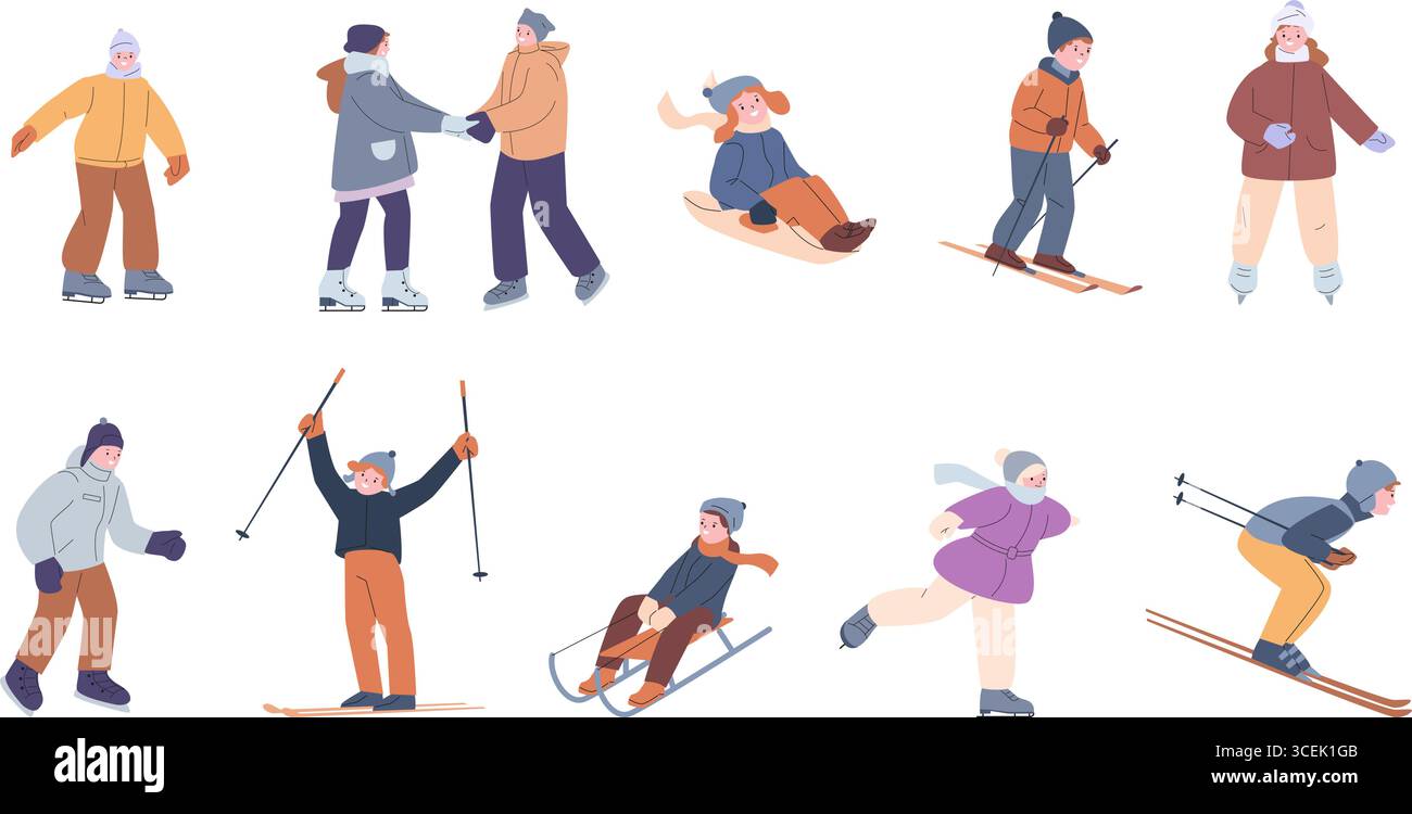 Children winter activities. Skiing skating and sledding characters ...