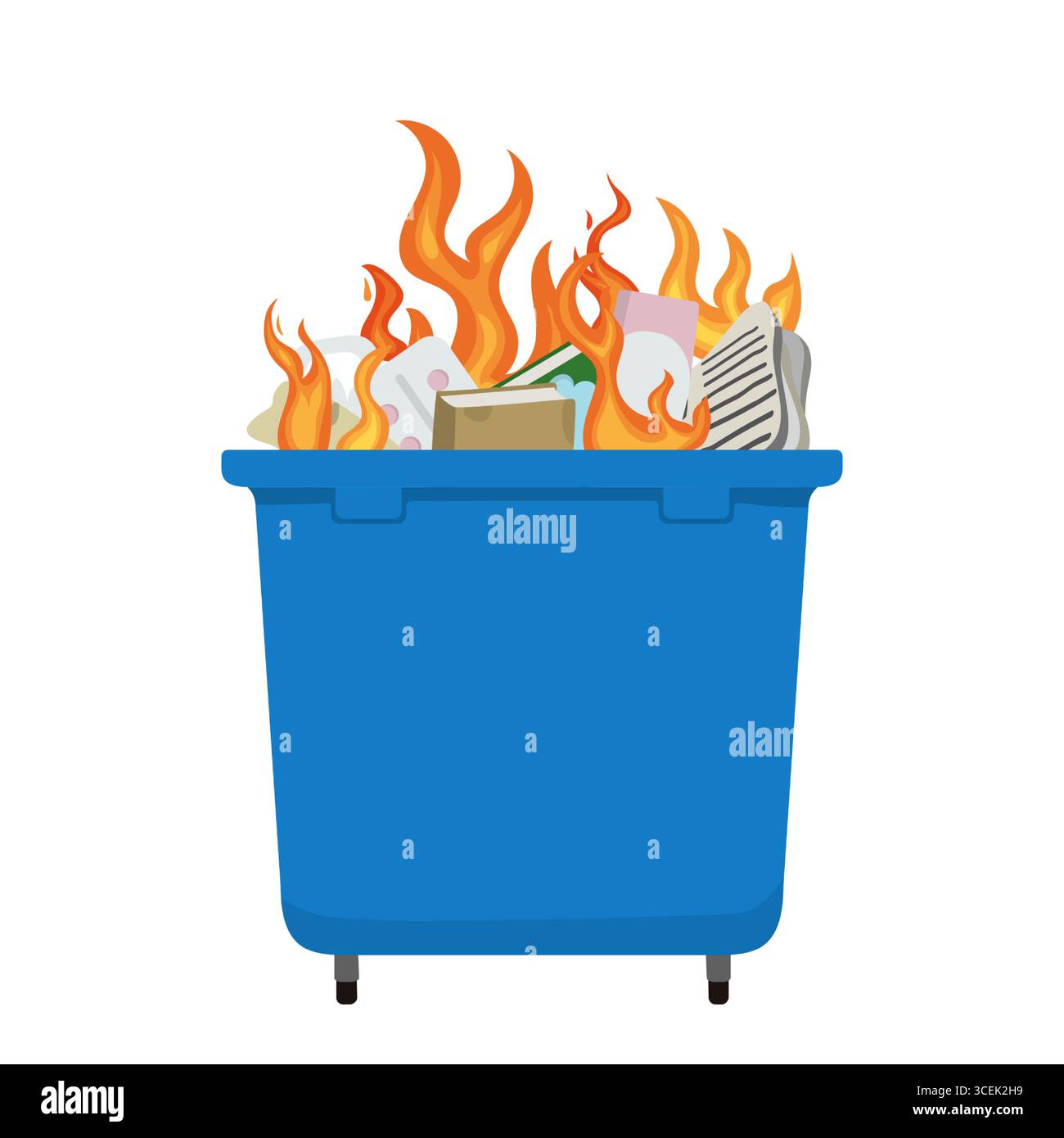 Large blue dumpster burning with flames and garbage inside ...
