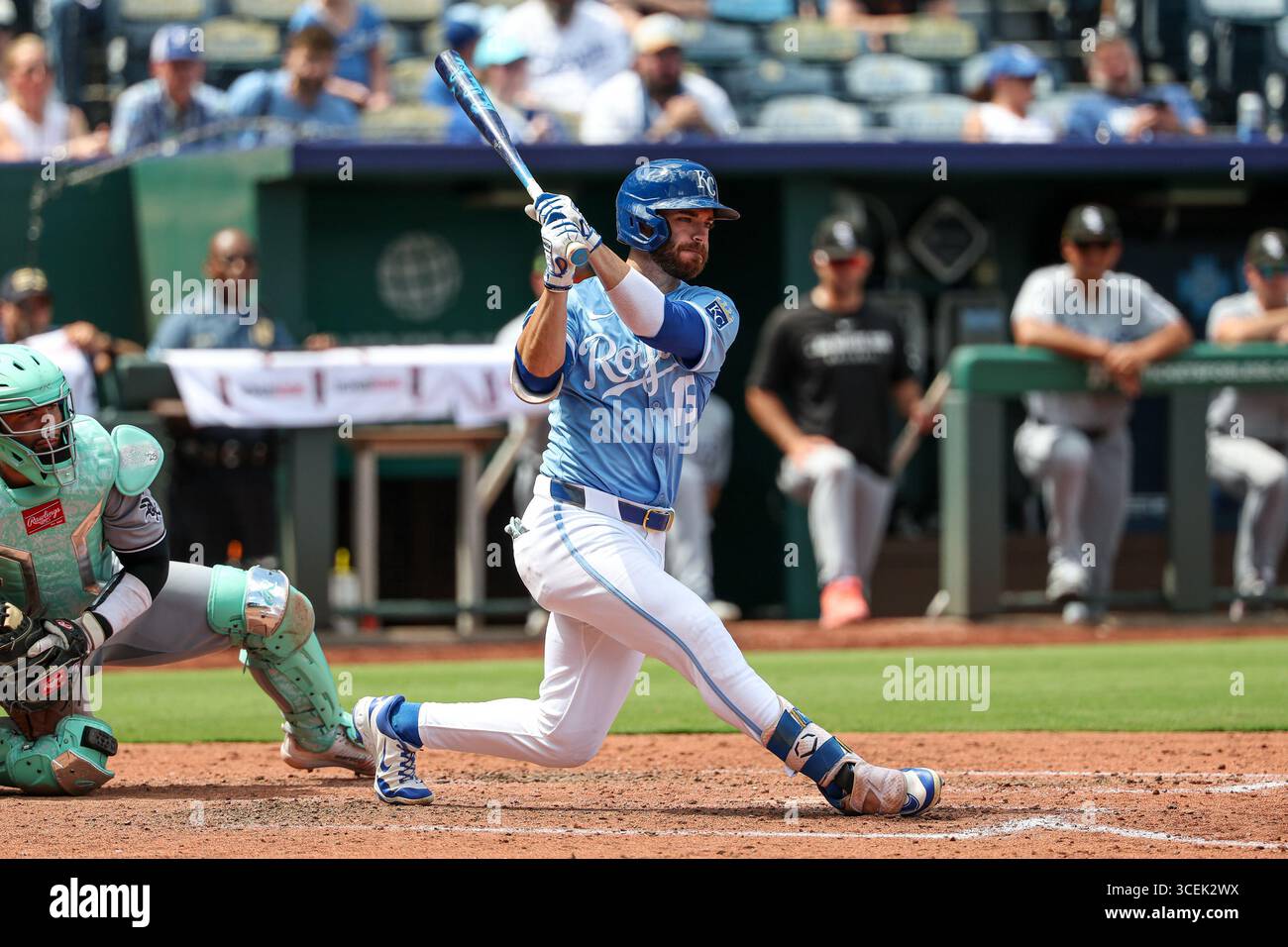August 17, 2025: Kansas City Royals center fielder John Rave (16) bats ...