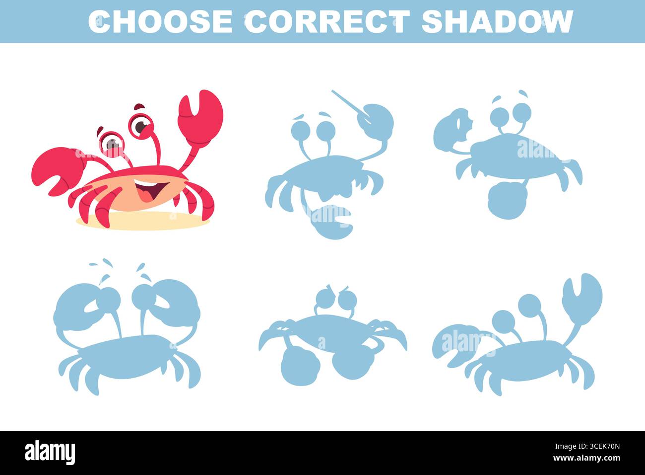 Crab shadows. choice correct silhouettes of funny crab in different ...