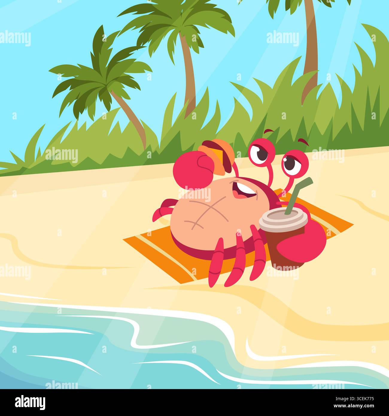 Crab. cute red ocean mascot crab relaxing on beach Stock Vector Image ...