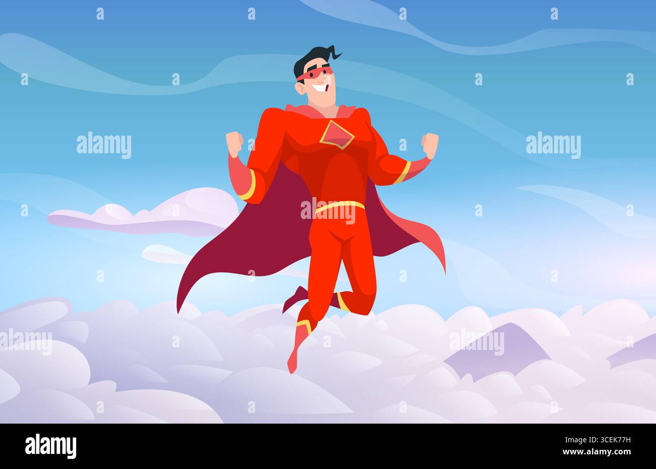 Hero in sky. superhero in red uniform flying. vector cartoon character ...