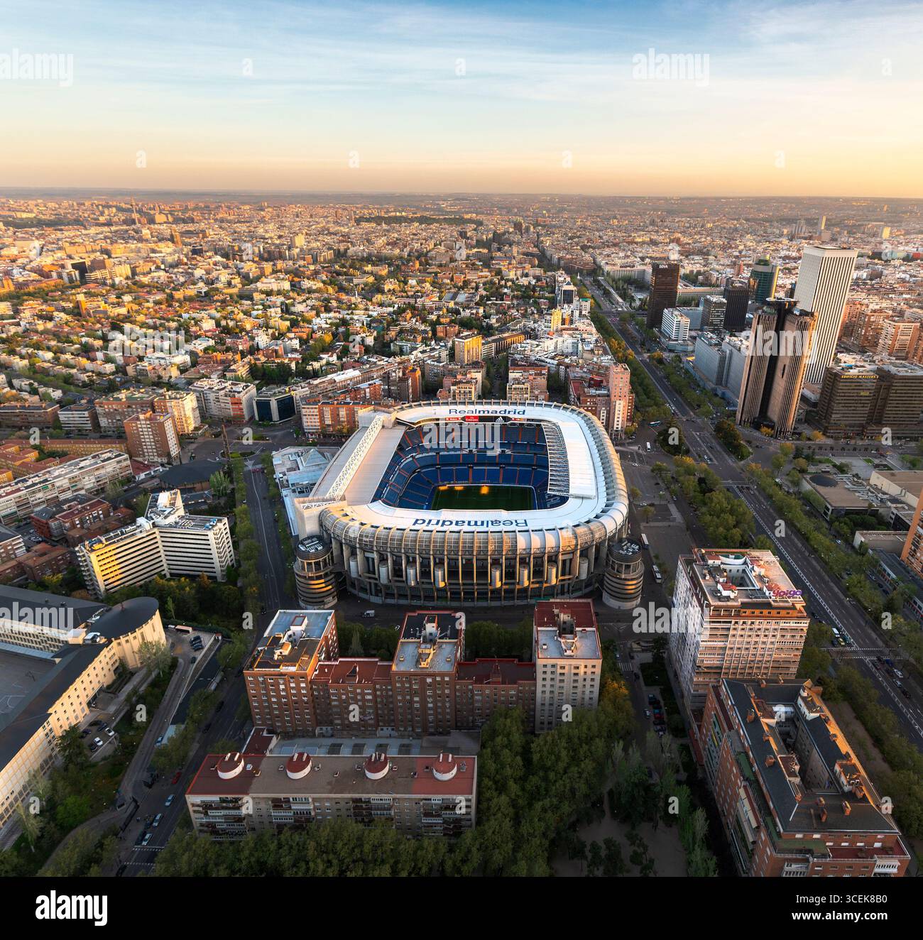 Aerial view of Santiago Bernabéu Stadium in Madrid, Spain, at sunset ...