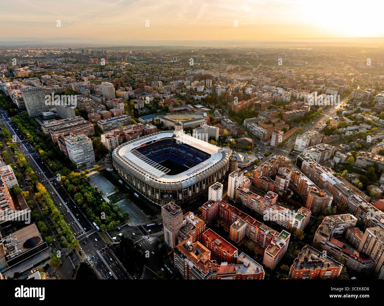 Aerial view of Santiago Bernabéu Stadium in Madrid, Spain, at sunset ...