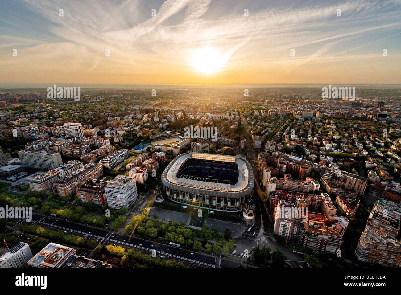Aerial view of Santiago Bernabéu Stadium in Madrid, Spain, at sunset ...