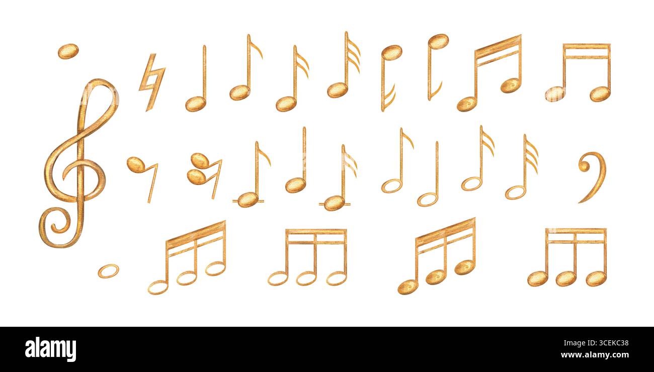 Watercolor hand drawn musical note golden music notes in sketch style ...