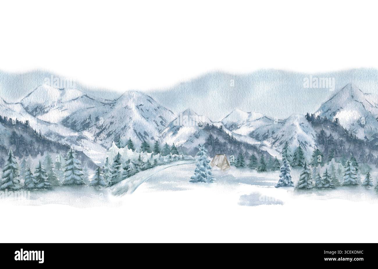 Winter seamless border of rustic cabin, snow covered evergreens tree ...
