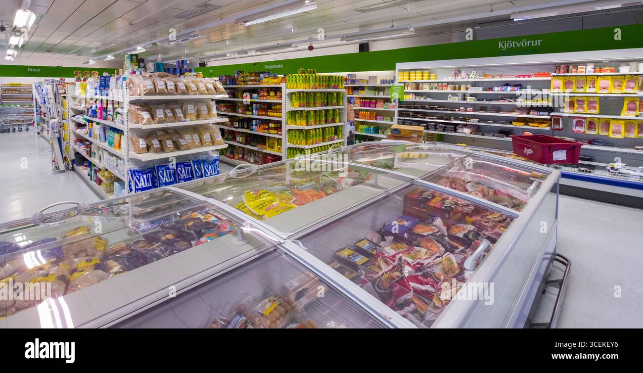 Frozen food items in sliding top freezers inside Kjarval grocery ...