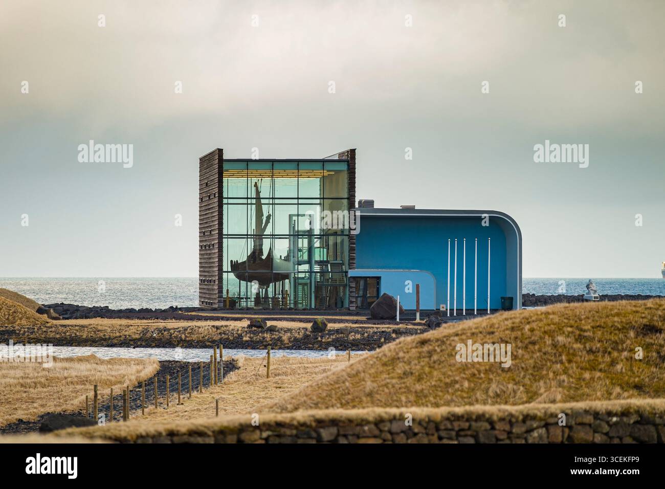 The Viking Ship Islendingur seen through large windows at the ...