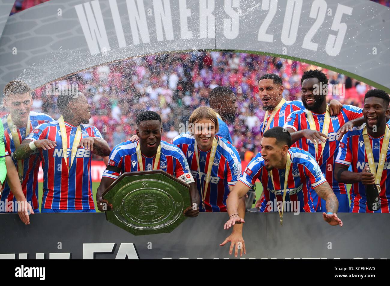 Crystal Palace captain Marc Guehi lifts the FA Community Shield during ...