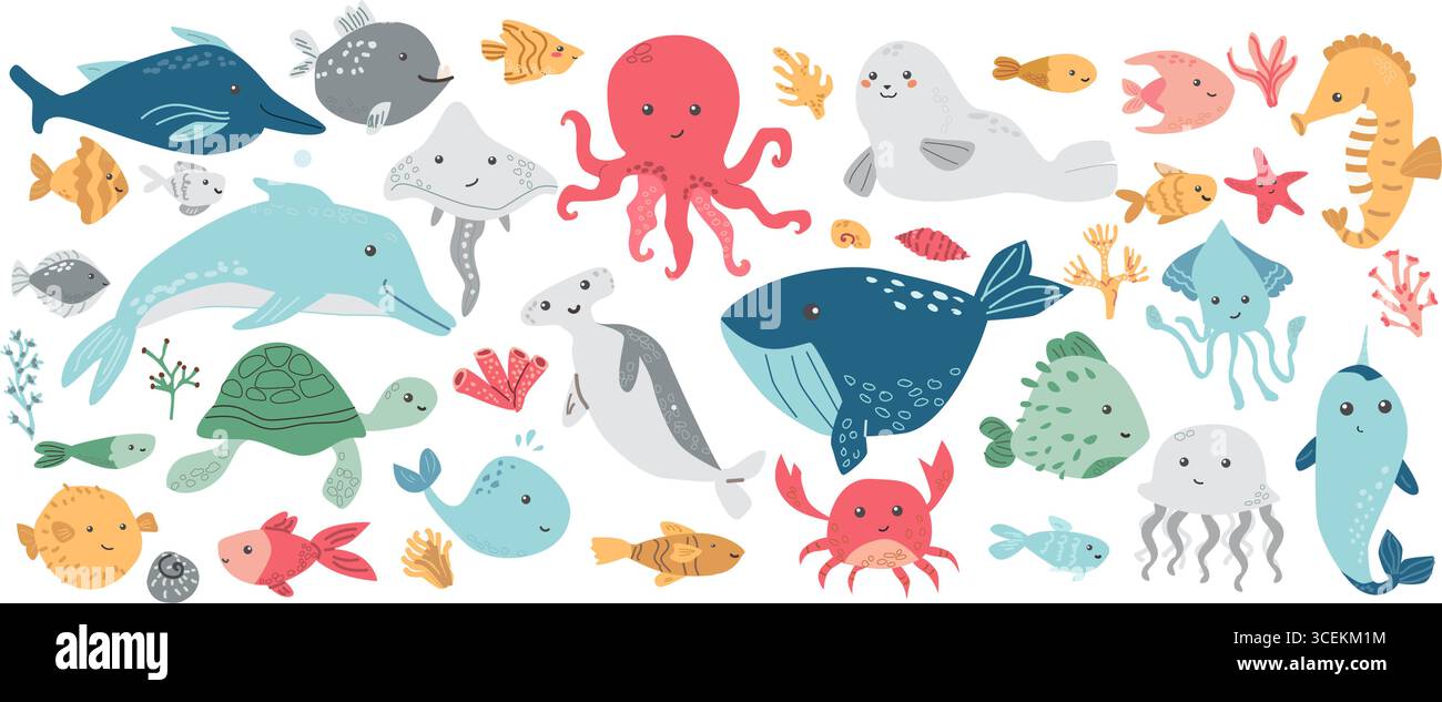 Colorful marine life illustration featuring whales, dolphins, octopus ...