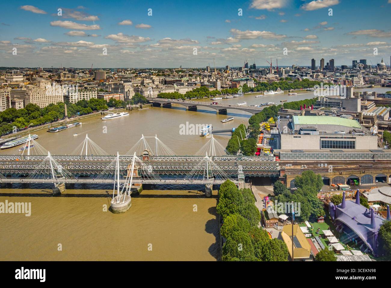 Aerial of the River Thames, Golden Jubilee bridges and the Waterloo ...