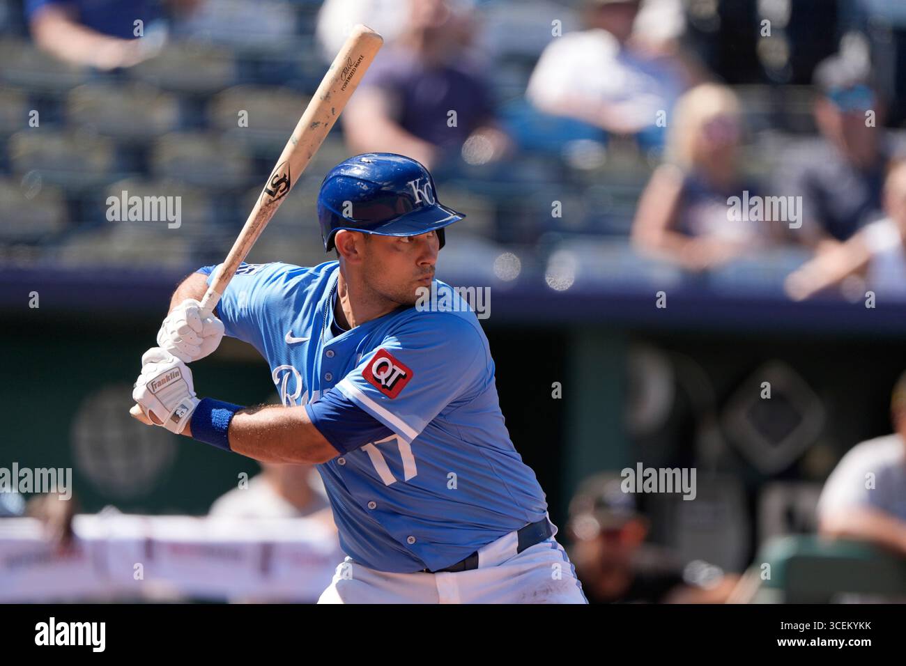 Kansas City Royals' Luke Maile bats during the seventh inning of a ...