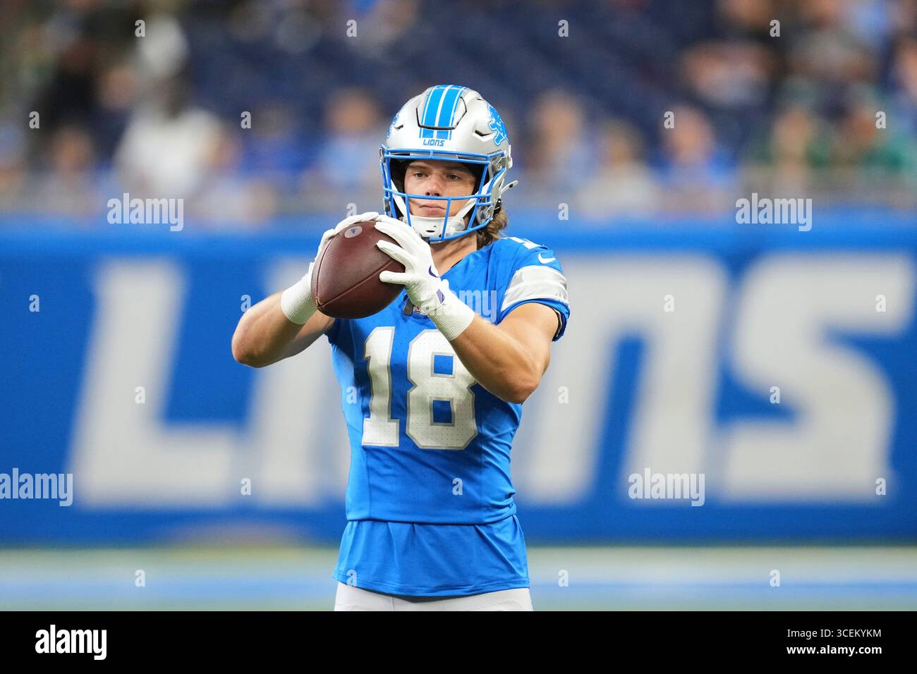 Detroit Lions wide receiver Isaac TeSlaa catches a pass during warmups ...