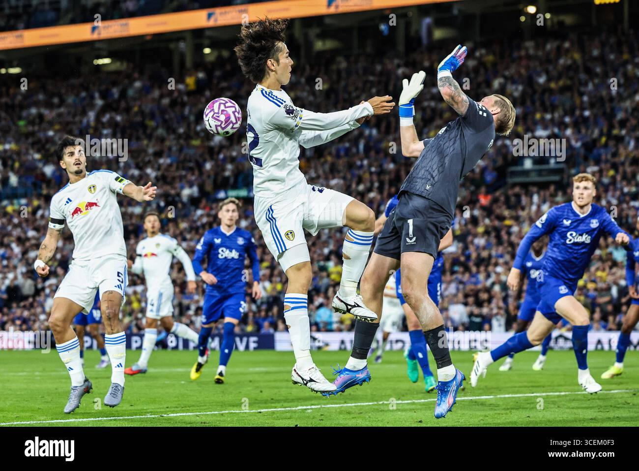 Jordan Pickford of Everton and Ao Tanaka of Leeds United clash during ...