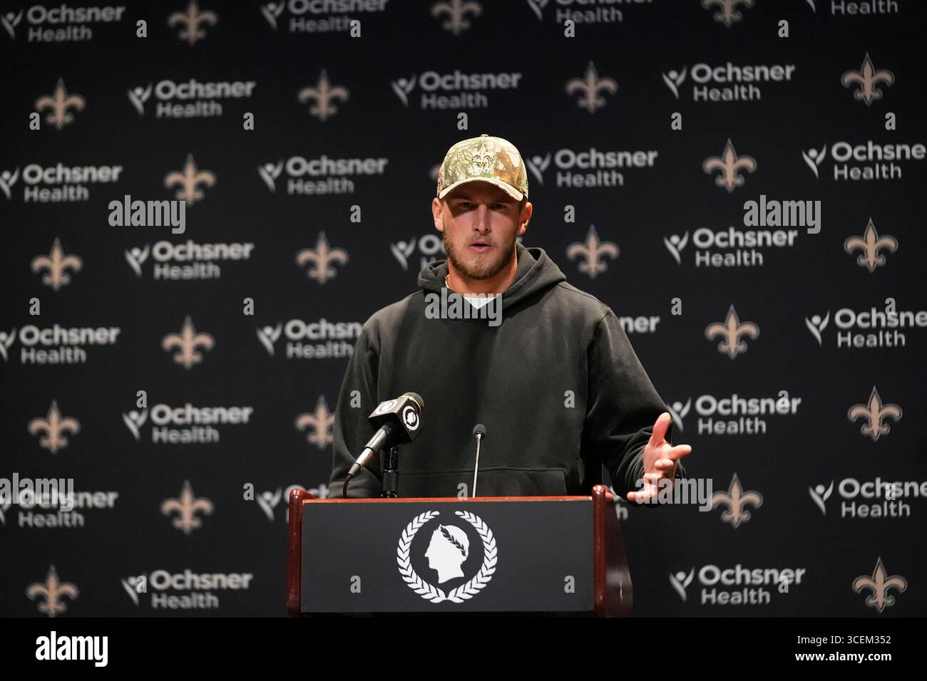 New Orleans Saints quarterback Tyler Shough talks to reporters after an ...