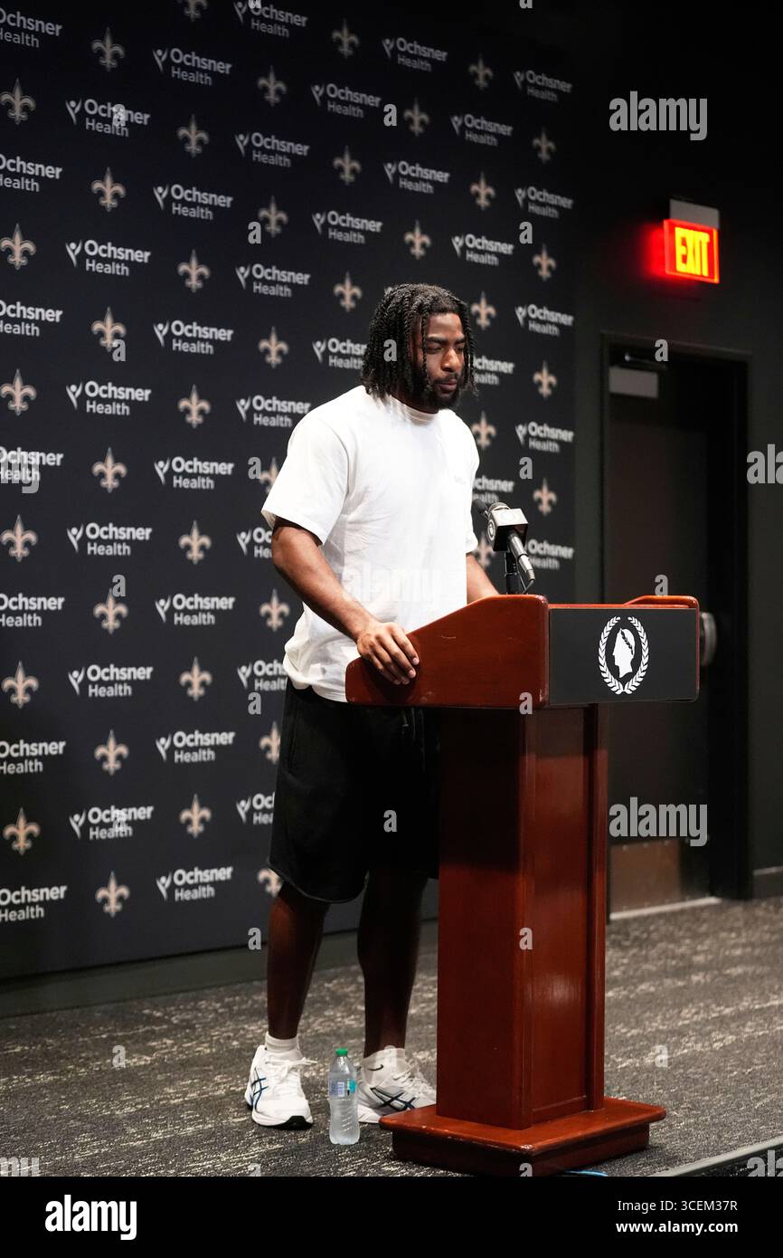 New Orleans Saints linebacker Jaylan Ford talks to reporters after an ...