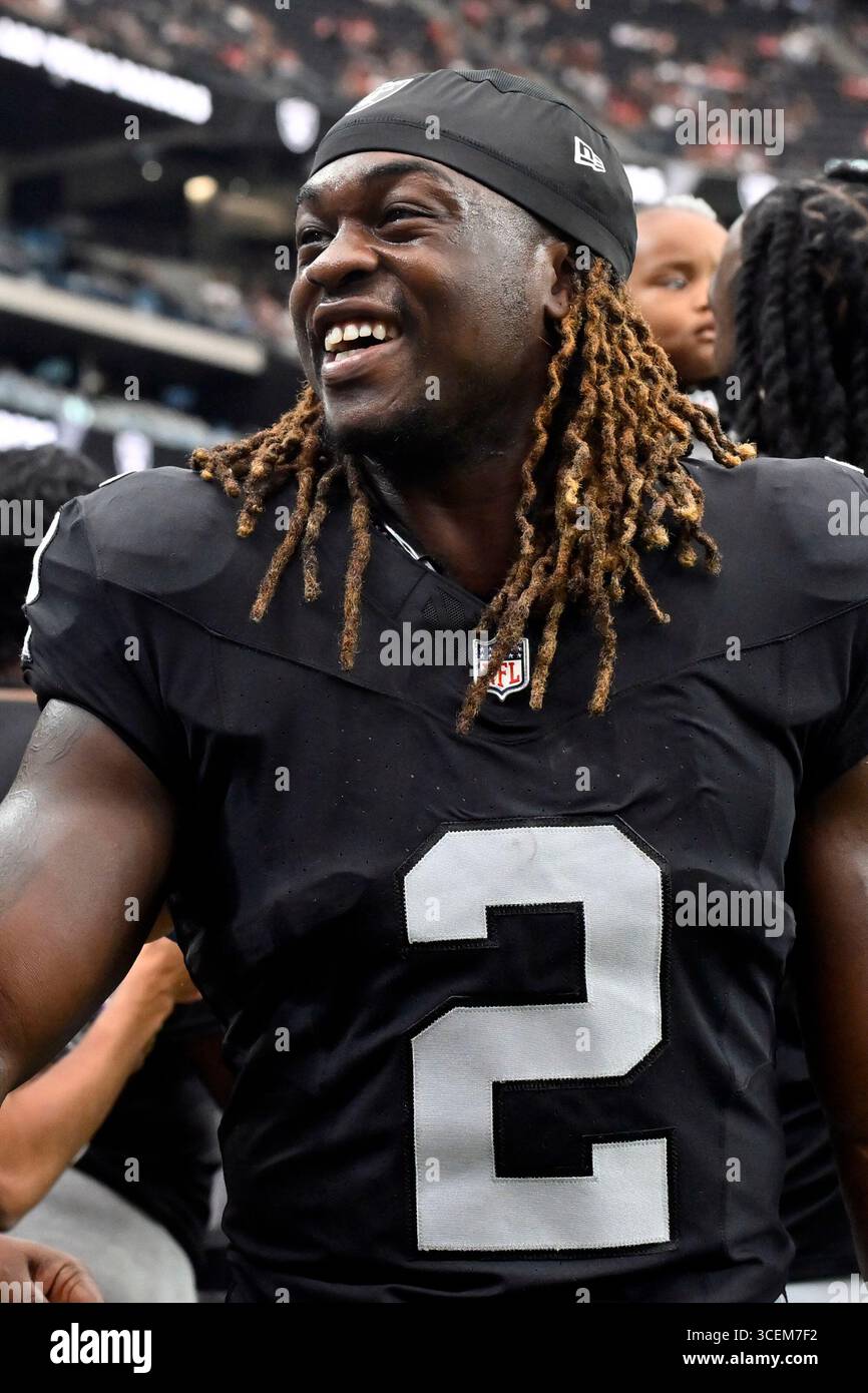 Las Vegas Raiders running back Ashton Jeanty (2) looks on before a ...