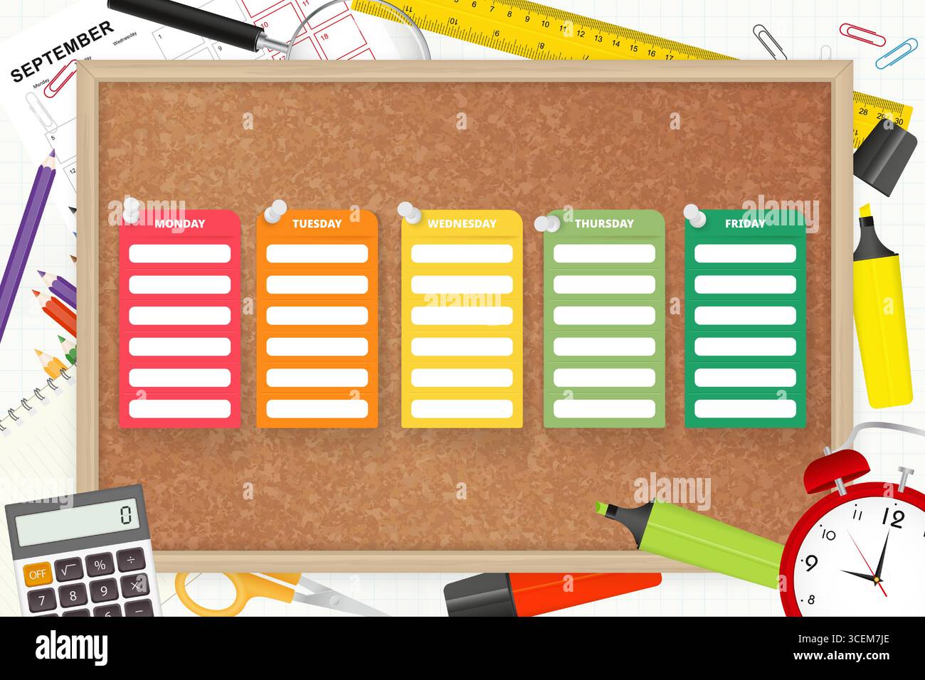 A colorful illustration of a weekly planner pinned to a corkboard ...