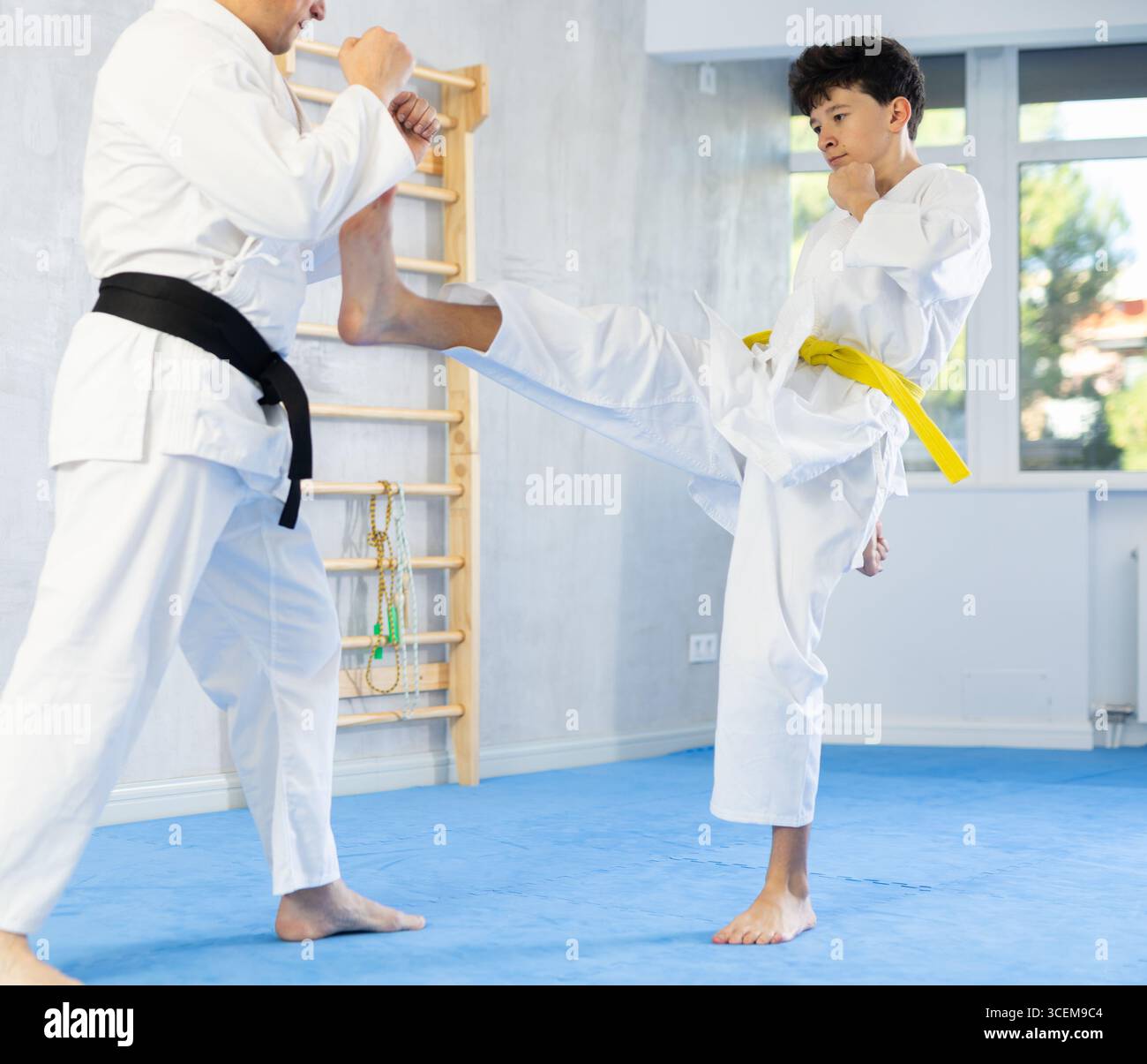 Karate lesson for teenager - guy and trainer are sparring in gym Stock ...