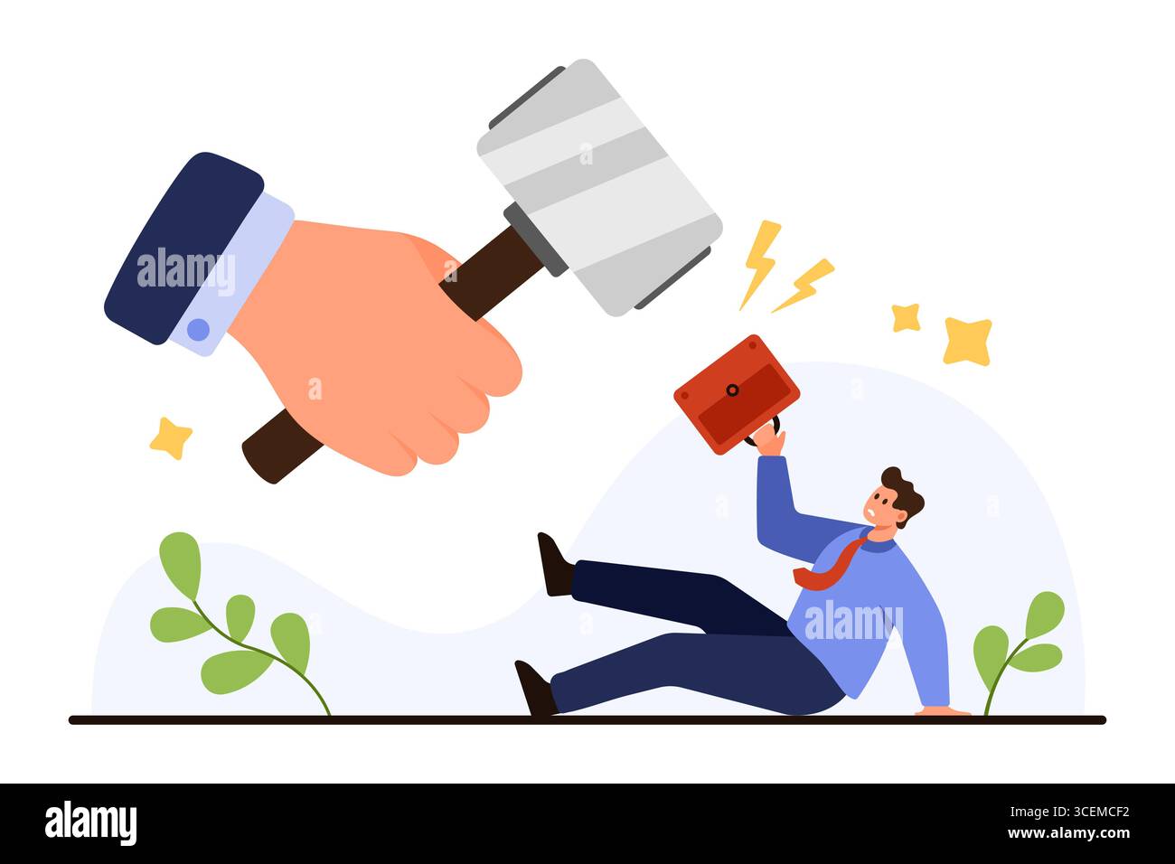 Corporate worker knocked down by giant hand holding hammer symbolizing ...