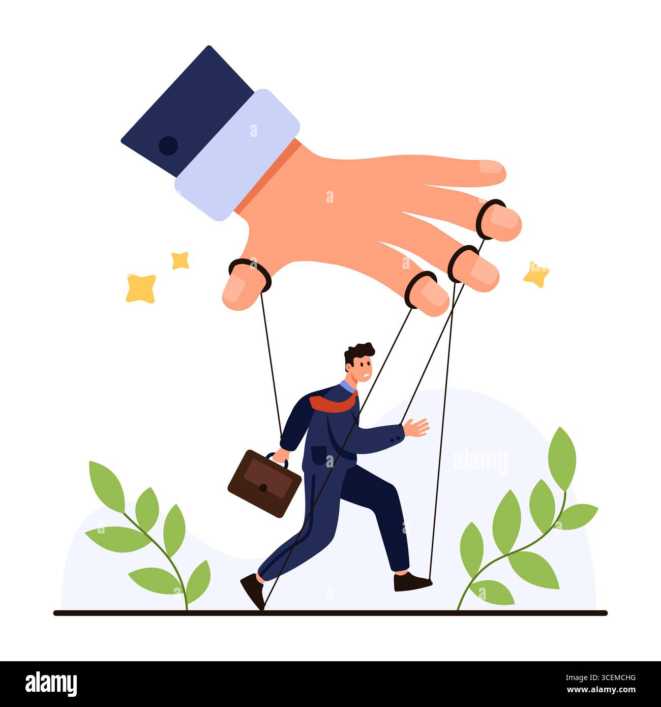 Concept of business manipulation showing a large hand controlling a ...