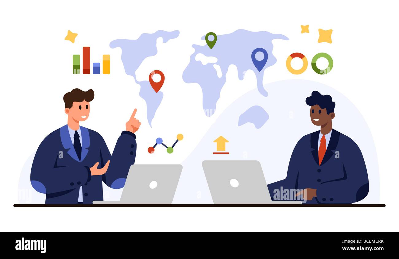 Businesspeople discussing global map Stock Vector Images - Alamy