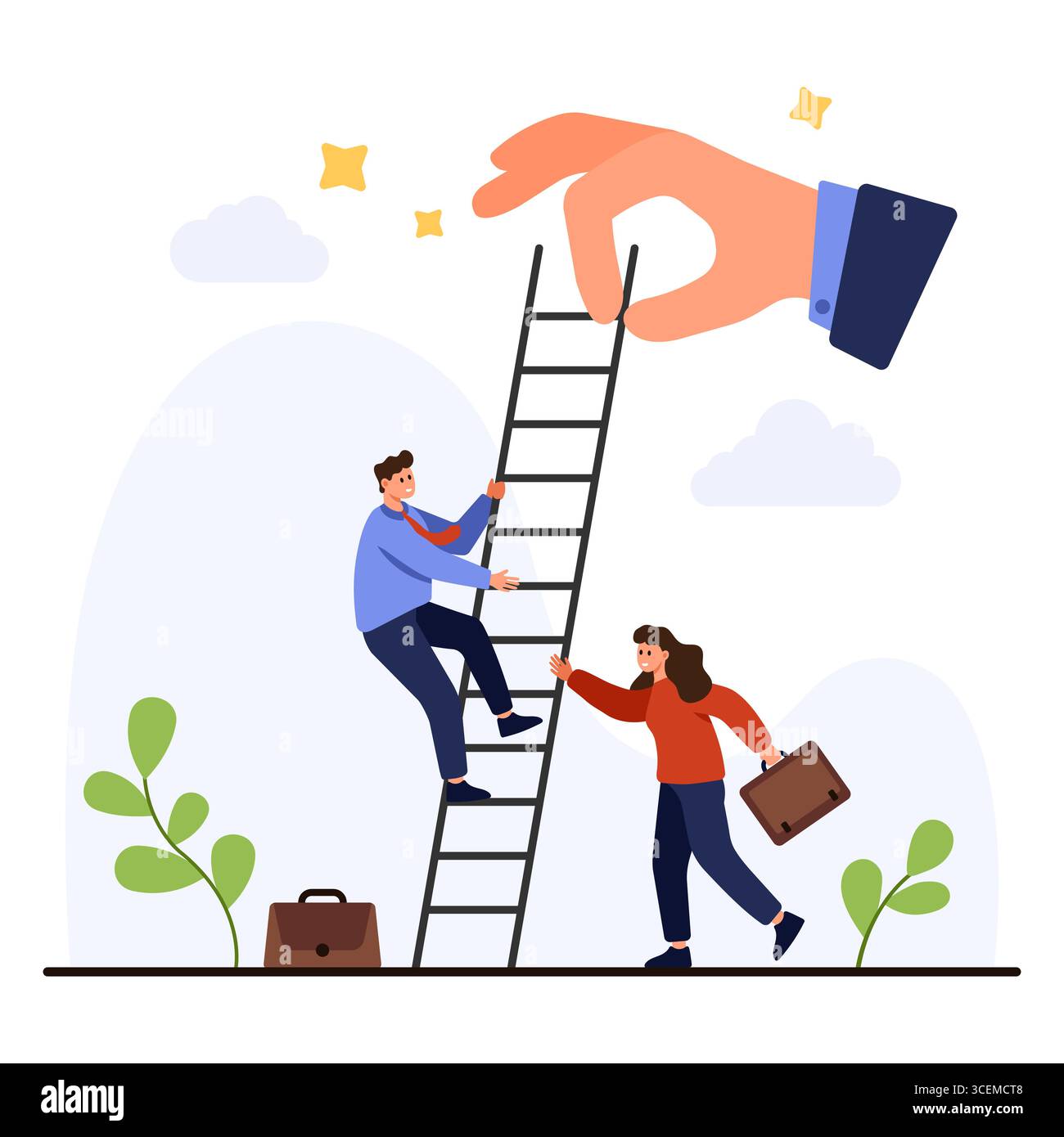Businessman and businesswoman climbing career ladder with helping hand ...