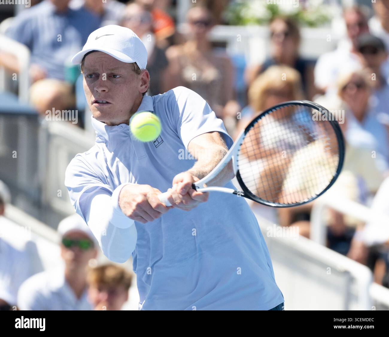 CINCINNATI, OH - AUGUST 18: Jannik Sinner (ITA) hits a backhand shot ...