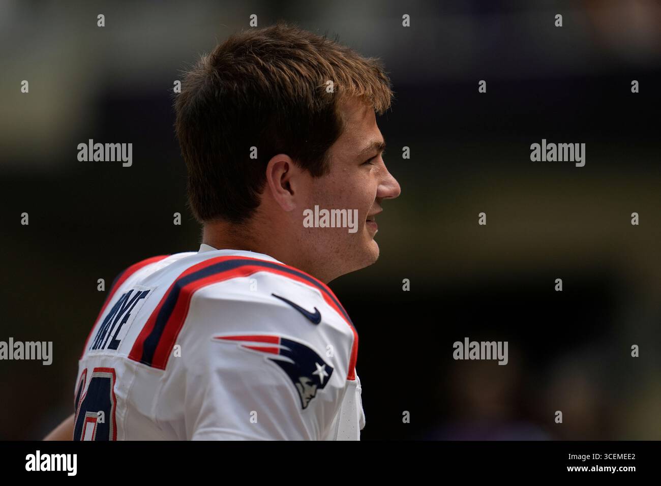 New England Patriots quarterback Drake Maye (10) leaves the field after ...