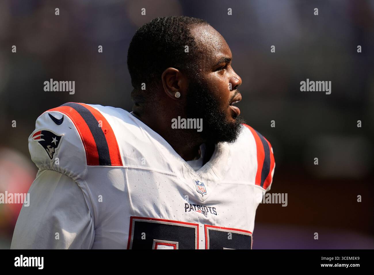 New England Patriots guard Tyrese Robinson (55) leaves the field after an NFL preseason football ...