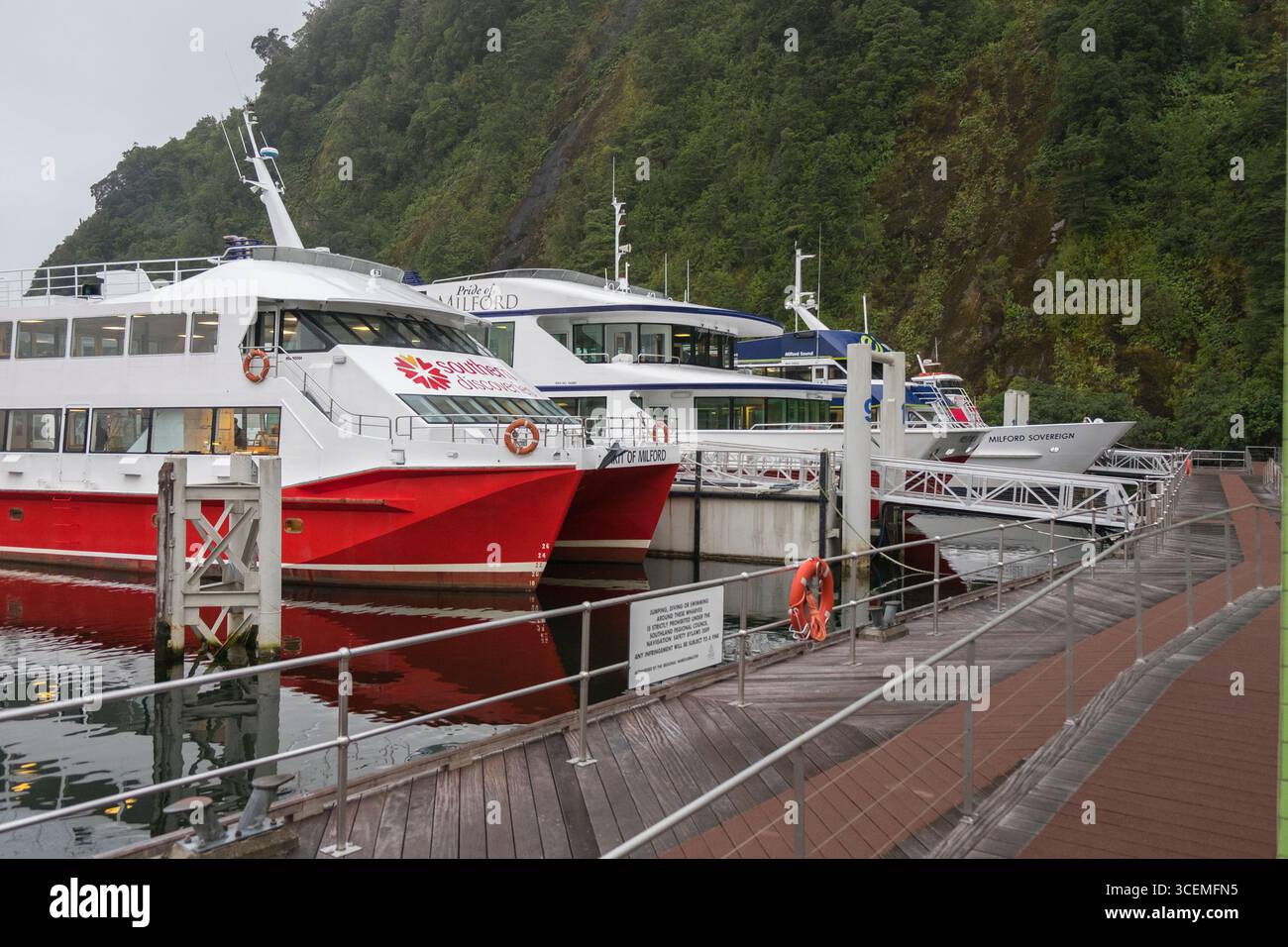 Tour boats at dock at the Milford Sound Visitor Centre, Fiordland ...