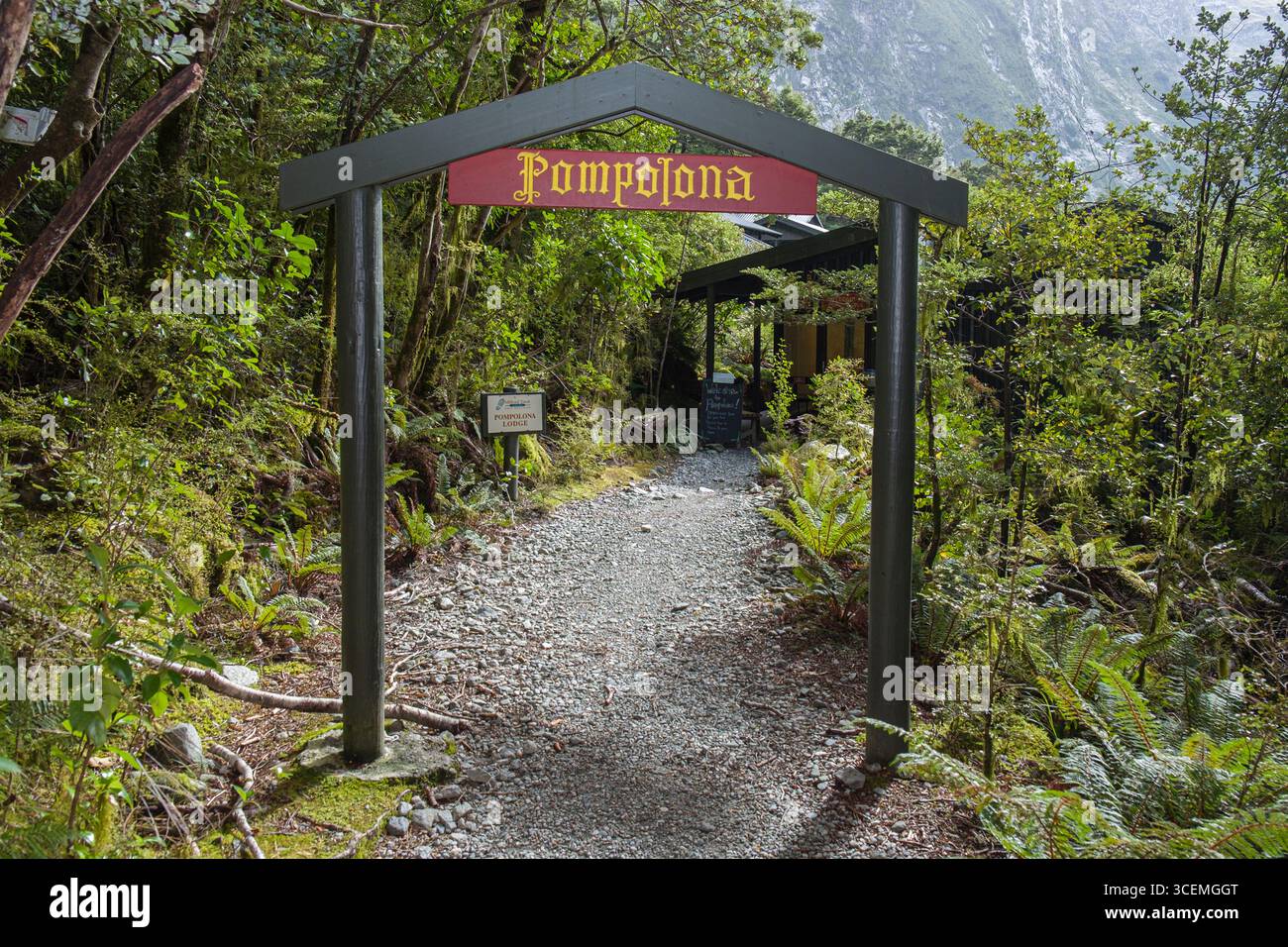 Entrance and sign for Pompolona Lodge, Milford Track, Fiordland ...