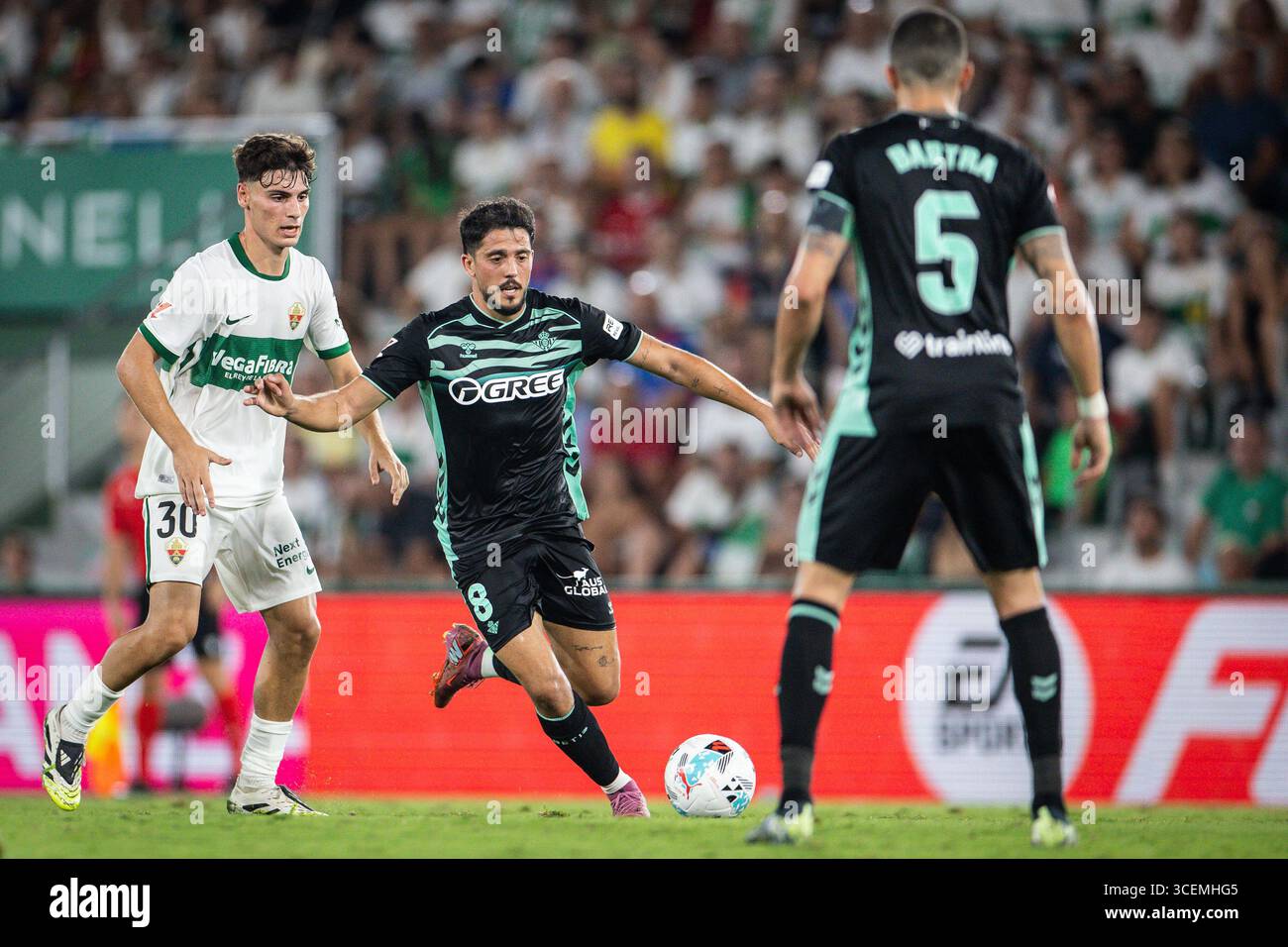 Rodrigo MENDOZA of Elche CF and Pablo FORNALS of Real Betis Balompie during the Spanish ...