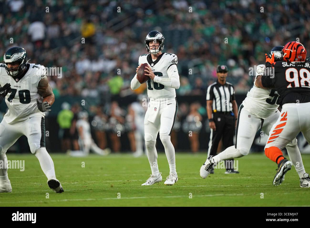 Philadelphia Eagles quarterback Tanner McKee in action during an NFL preseason football game ...