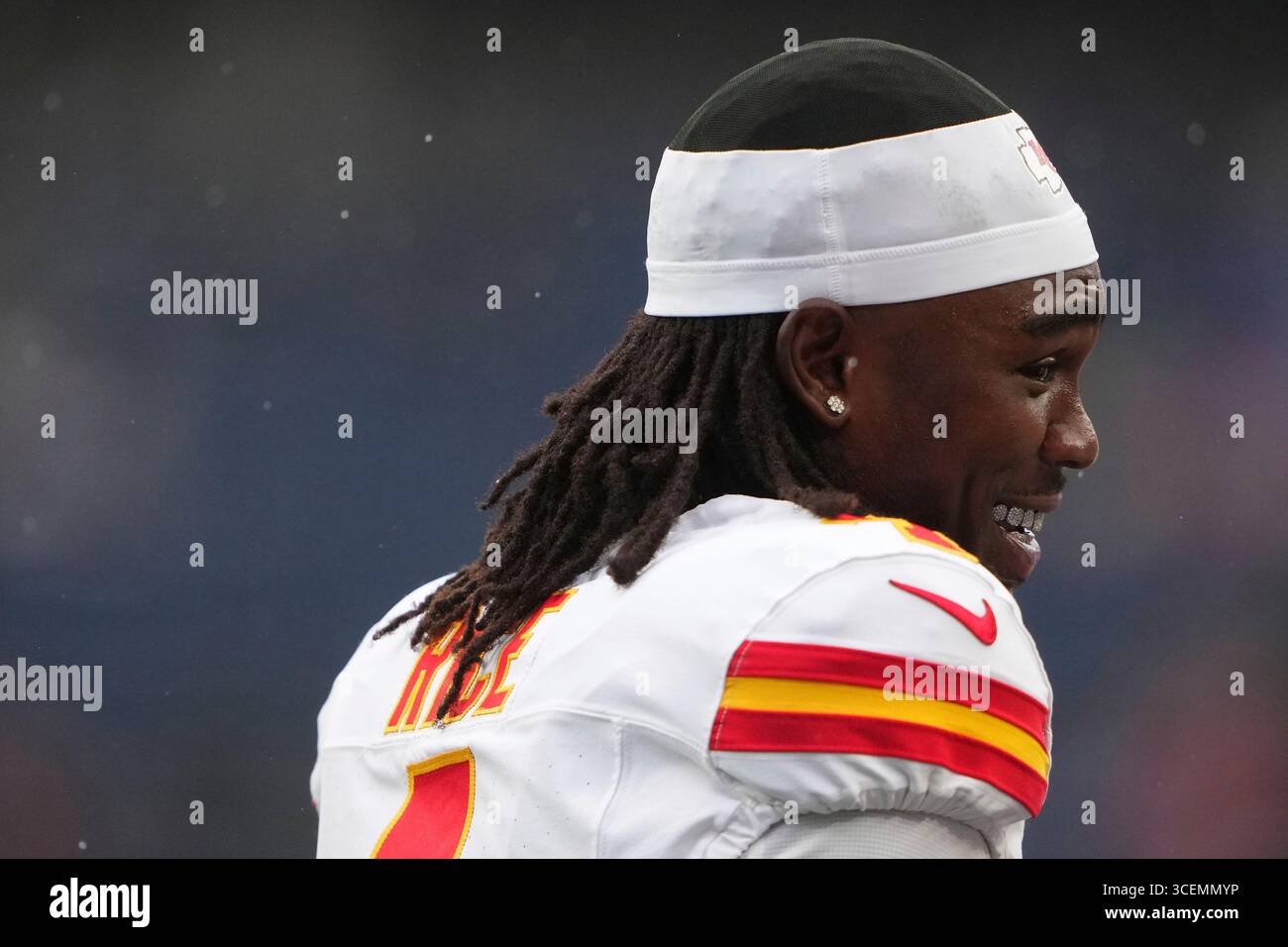 Kansas City Chiefs wide receiver Rashee Rice smiles during warmups ...