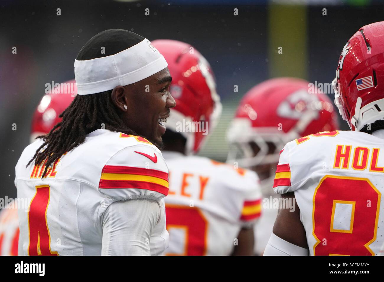 Kansas City Chiefs wide receiver Rashee Rice smiles during warmups ...