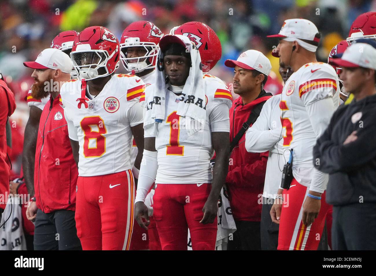 Kansas City Chiefs wide receiver Xavier Worthy (1) looks on from the ...