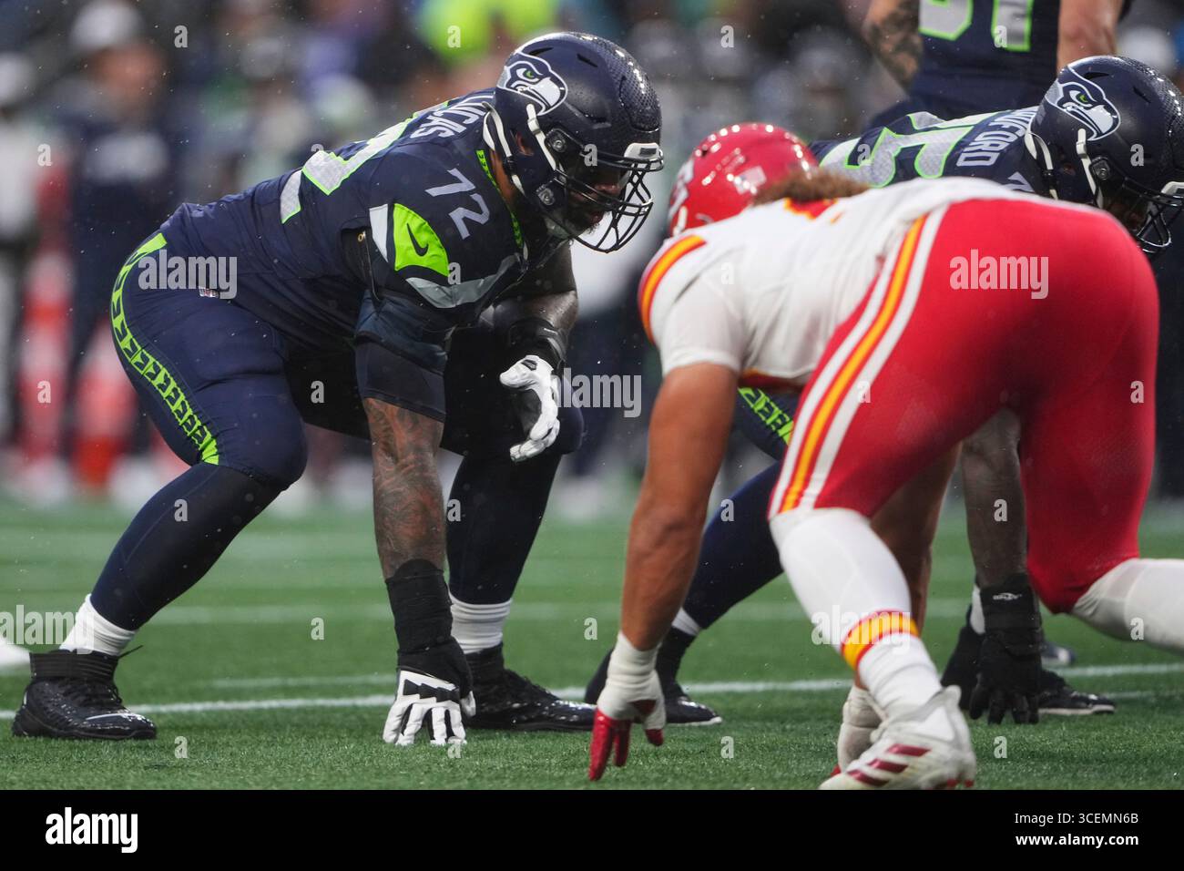 Seattle Seahawks offensive tackle Abraham Lucas prepares for a play ...
