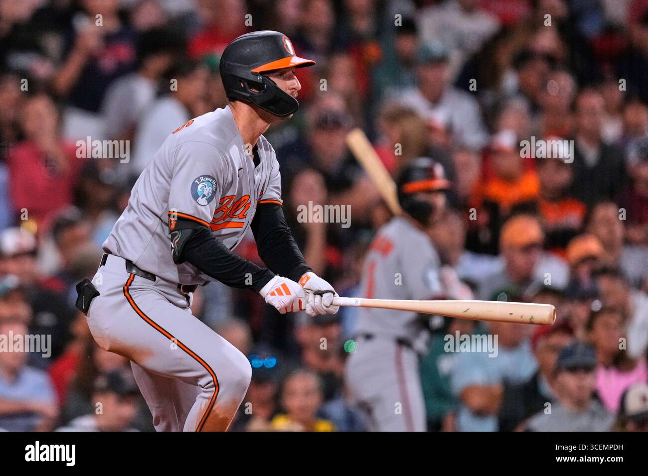 Baltimore Orioles' Dylan Beavers watches the flight of his RBI single ...