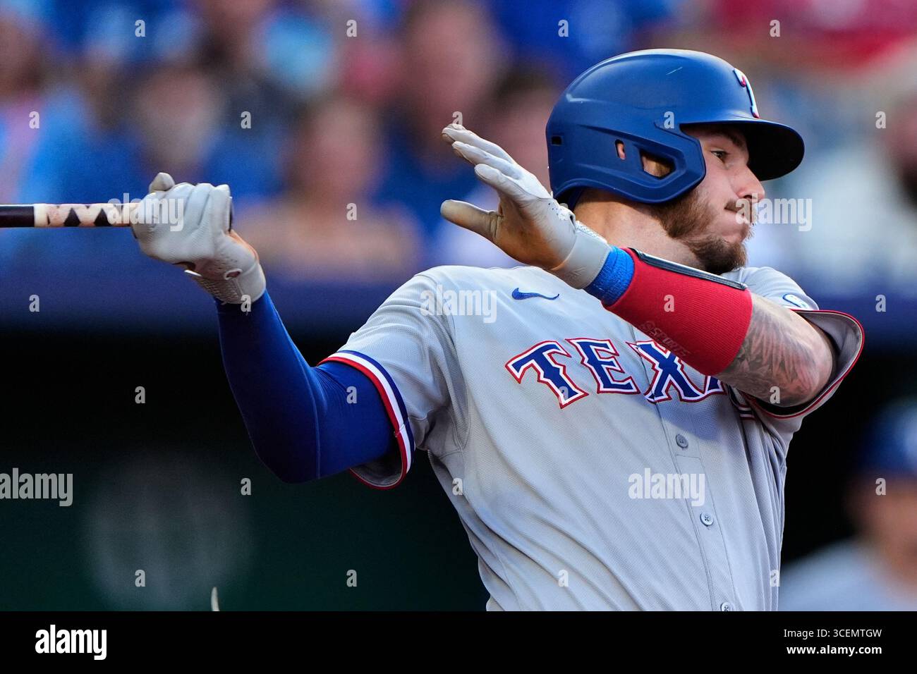 Texas Rangers' Jonah Heim watches his RBI single during the second ...