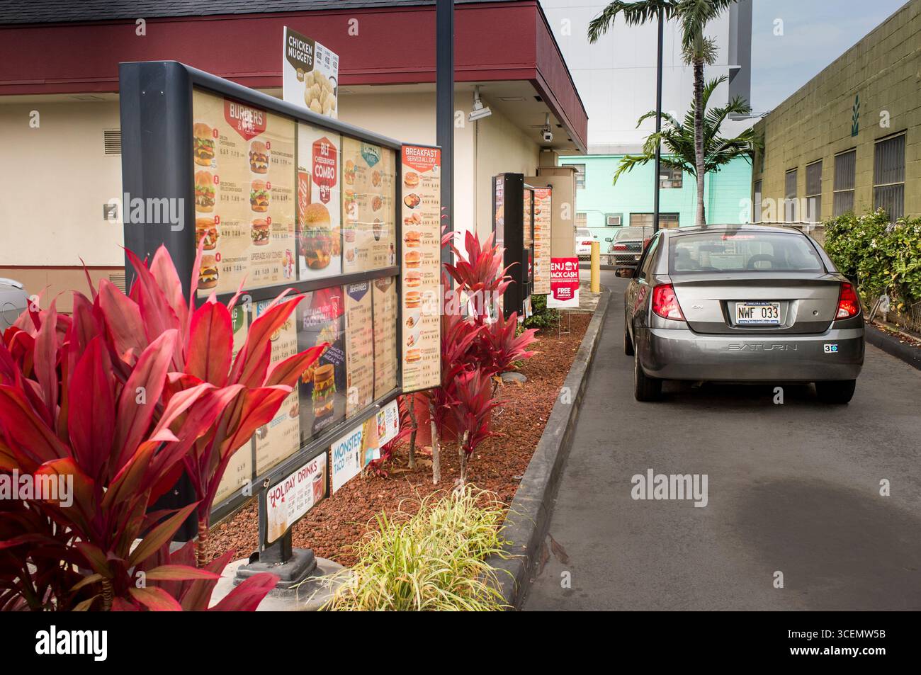 Menu boards at Jack-In-The-Box fast food drive thru, Honolulu, Oahu ...