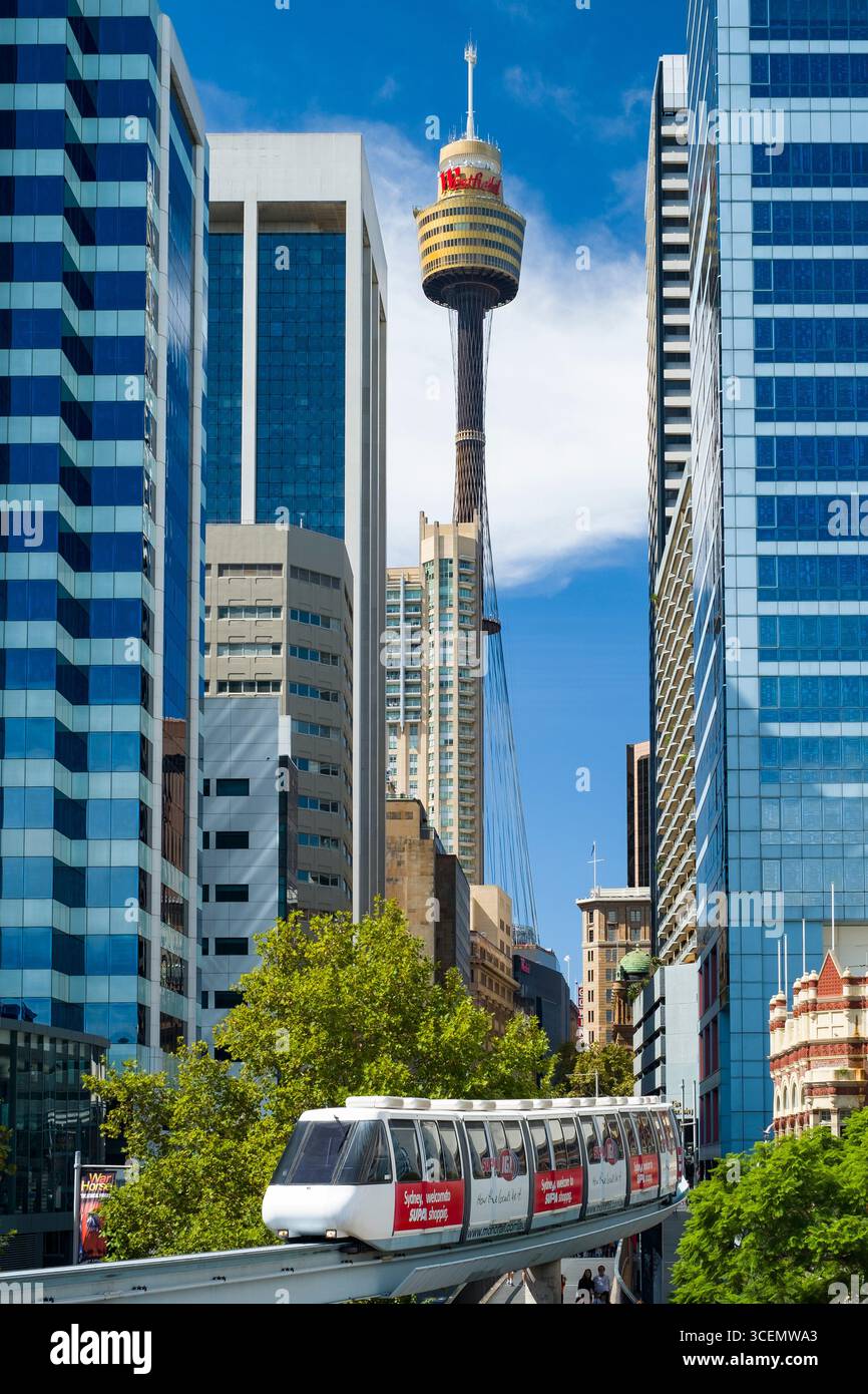 The Sydney Westfield tower rising above the Sydney Monorail, Central ...